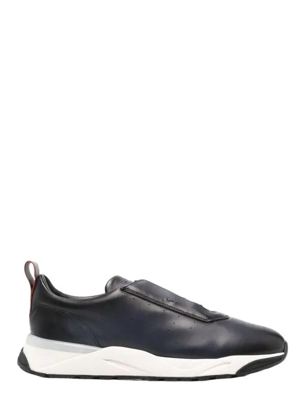 Santoni Leather Sneakers With Perforated Details And Embossed Logo - Black