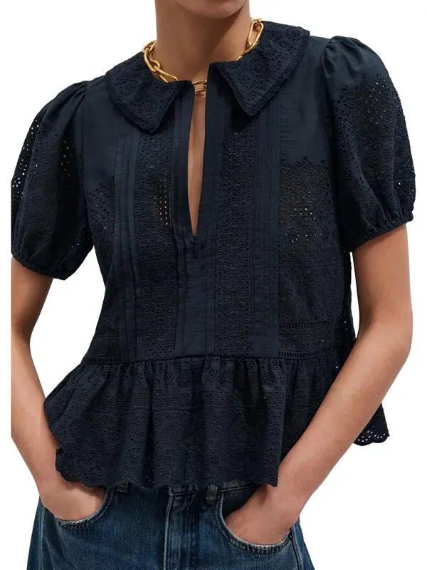 ME+EM Cotton Broderie Peplum Top - Navy