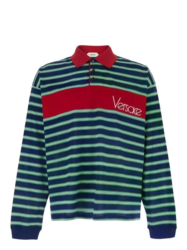 Versace Logo-detail Striped Long-sleeve Polo Shirt - Blue
