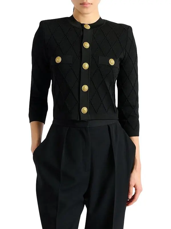 Balmain Cropped Knit Cardigan With Gold Button Detailing - Black