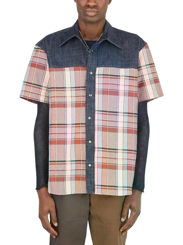 (DI)VISION Check-panel Denim-weave Shirt - Neutrals