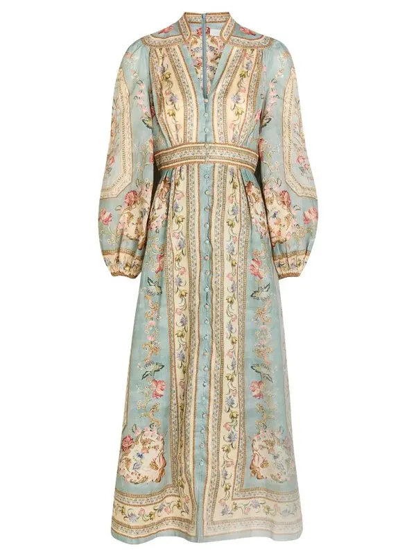 Zimmermann Roselight Plunge Linen Midi Dress - Blue