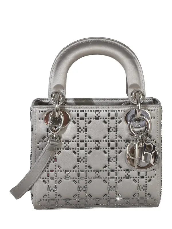Dior Grey Satin Crystal Cannage Lady Bag - Gray