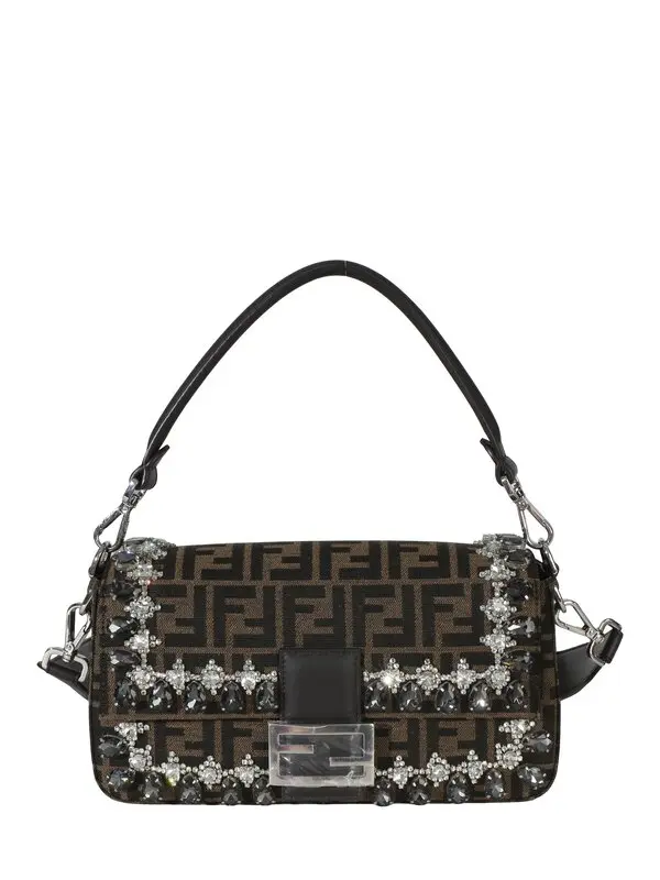 Fendi Ff Jacquard Baguette Bag With Strass Crystal Embellishments - Brown