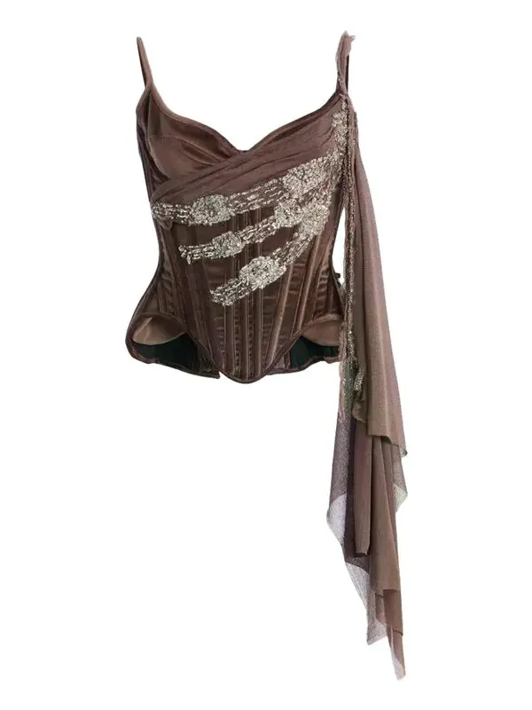 WIEDERHOEFT Embellished Sweetheart Neck Top - Brown
