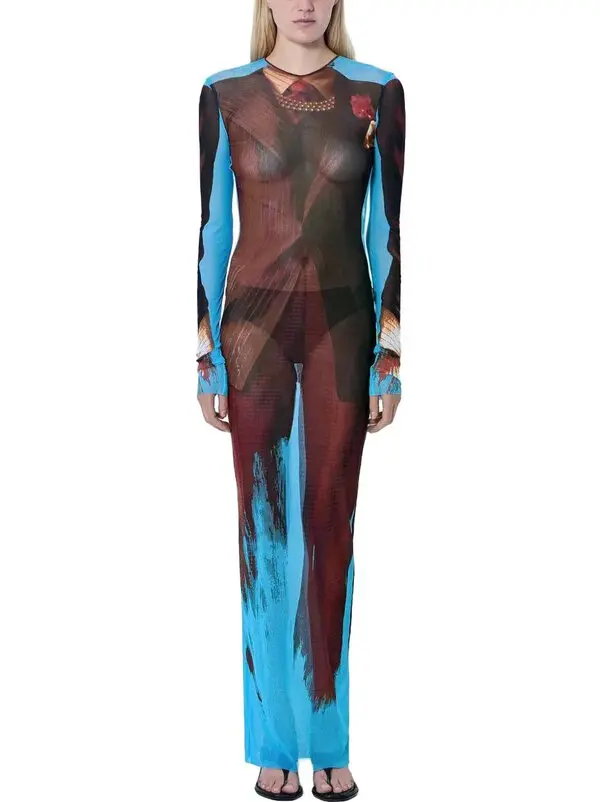 JEAN PAUL GAULTIER Abstract Print Mesh Dress - Brown