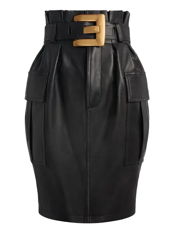 Balmain Lambskin Belted Midi Skirt - Black