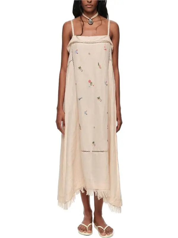 Bimba Y Lola A-line Midi Dress With Multicolor Embroidery And Frayed Hem - Sand
