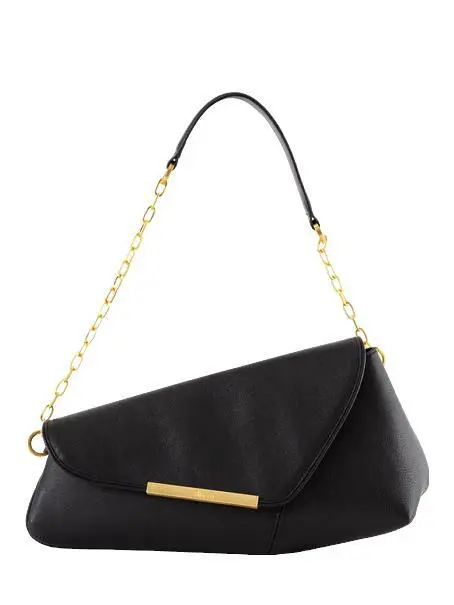 ESTHERA Leather Shoulder Bag With Chain Strap - Black