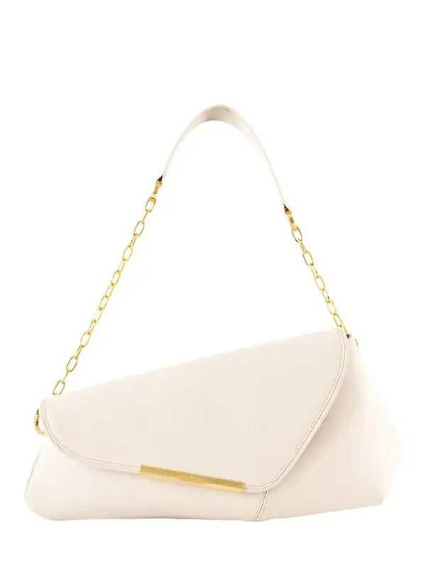 ESTHERA Leather Shoulder Bag With Chain Strap - Sand