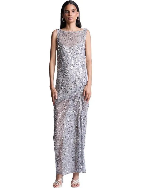 Bcbgmaxazria Lorraine Gown Metallic Sleeveless Floor-length Gown - Silver