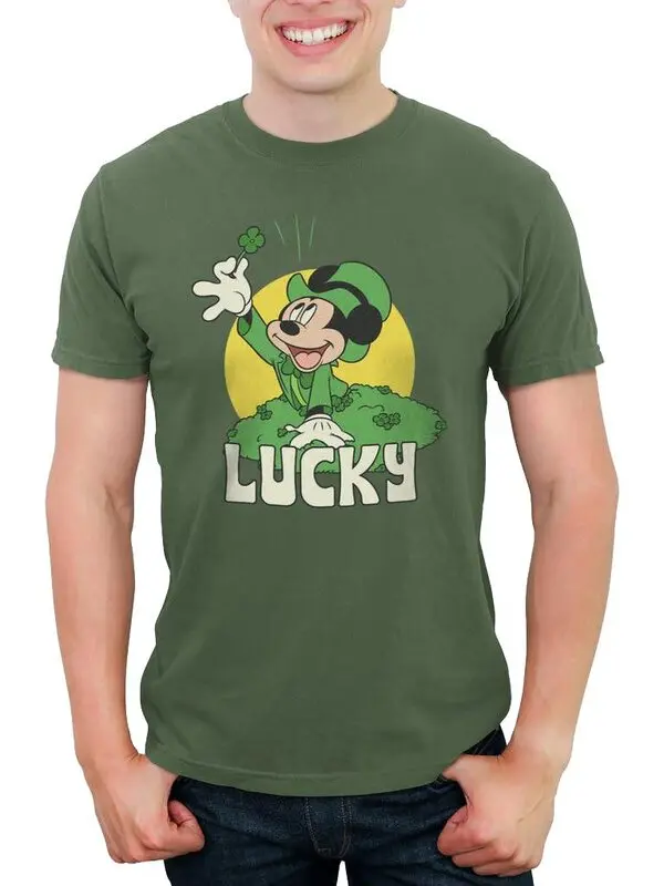 MICKEY & FRIENDS St. Patrick's Day Mickey Lucky 4 Leaf Clover Graphic T-shirt - Moss
