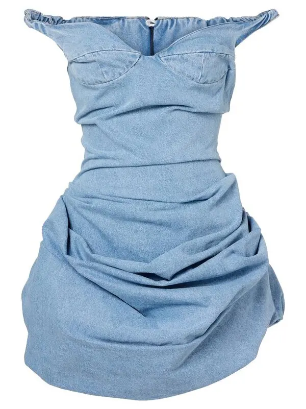 Magda Butrym Gathered Off-shoulder Denim Mini Dress - Blue