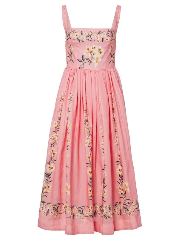 Agua Bendita Mielero Floral Linen Midi Dress - Pink