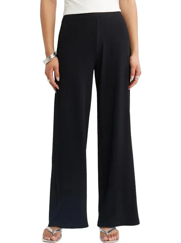 OPEN EDIT Puckered Crepe Wide Leg Pants - Black