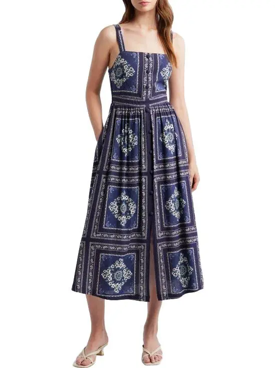 ZOE AND CLAIRE Sleeveless Printed Cotton & Linen Midi Dress - Navy