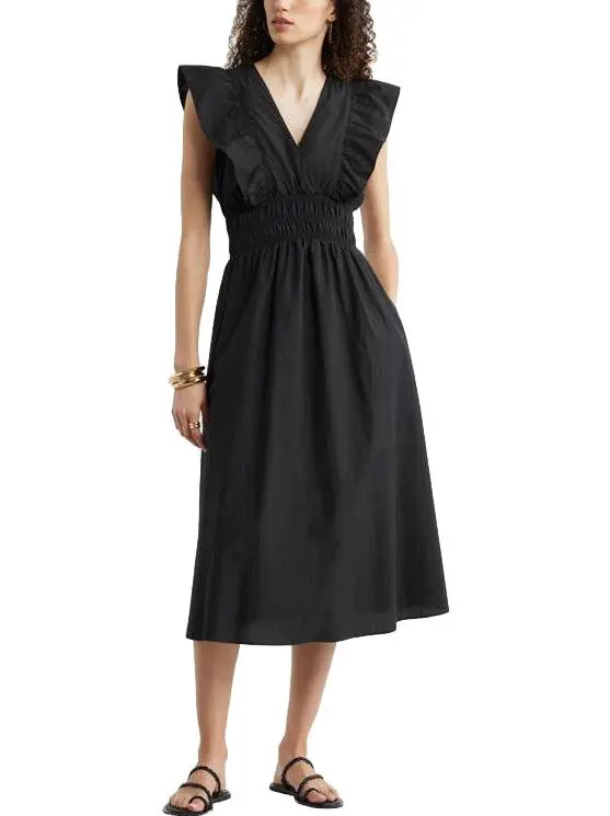 Nordstrom Flutter Sleeve Smocked Waist Midi Dress - Black