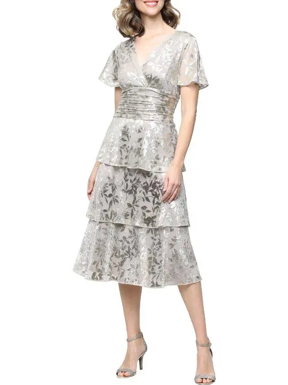 SL FASHIONS Metallic Layered Ruffle V-neck Dress - Buff Metallic
