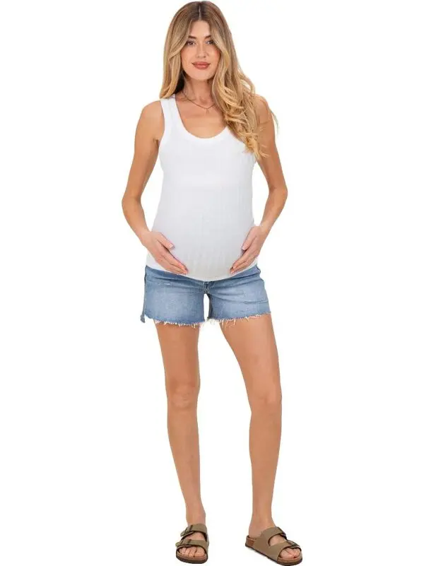 PINKBLUSH Distressed Frayed Hem Maternity Jean Shorts - Blue