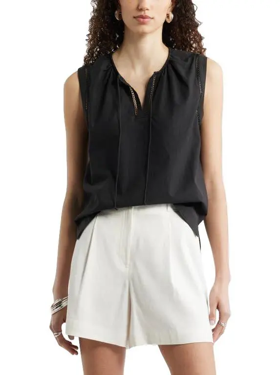 Nordstrom Sleeveless Lace Inset Tie Front Top - Black
