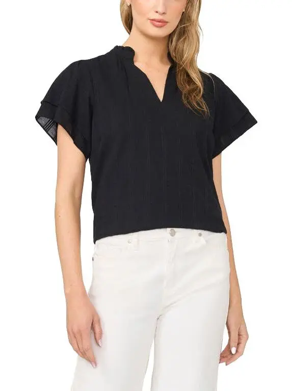 Halogen Ruffle Neck Flutter Sleeve Cotton Top - Rich Black