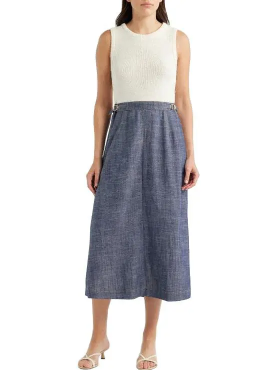 ZOE AND CLAIRE Mixed Media Dress - Ivory/blue