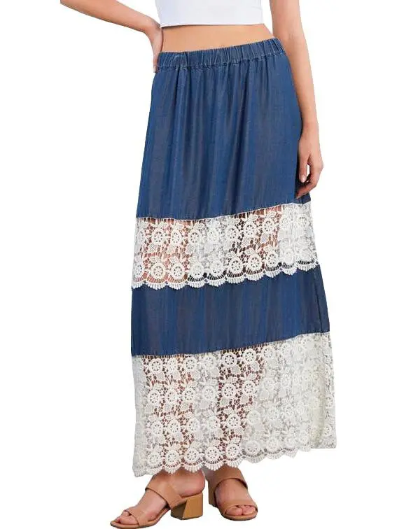 WASH LAB DENIM Lace Trim Maxi Skirt - Denim