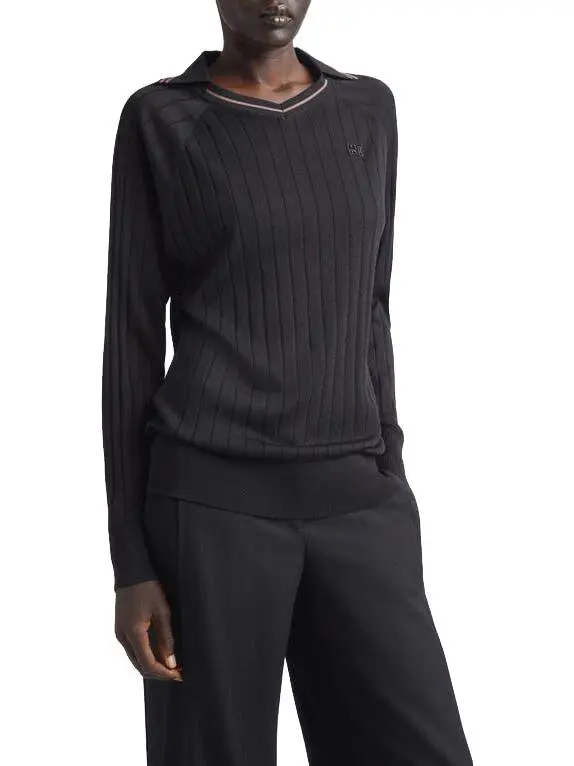 WALES BONNER Long Sleeve Ribbed Polo - Black