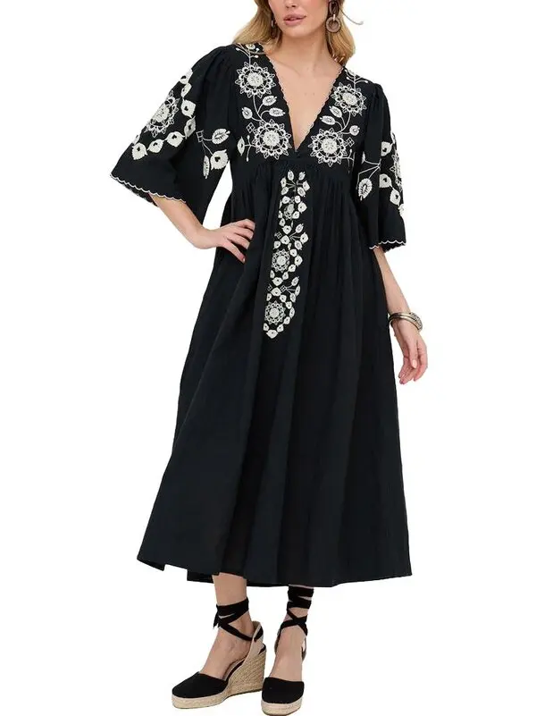 RAFFYA Arianna V-neck Embroidered Maxi Dress - Black