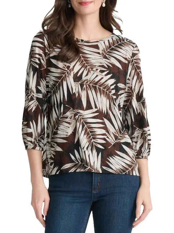 Jones New York Palm Print Top With Scoop Neck And 3/4 Sleeves - Fudge Multi