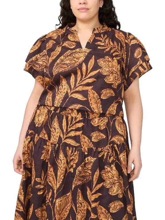 Halogen Printed Puff Sleeve Top - Rum Raisin