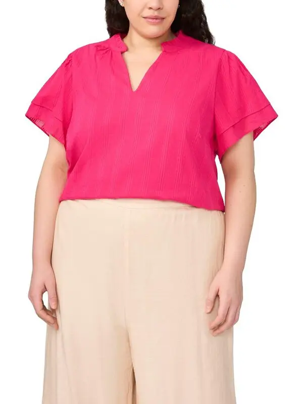 Halogen Ruffle Neck Flutter Sleeve Top - Pink Peacock