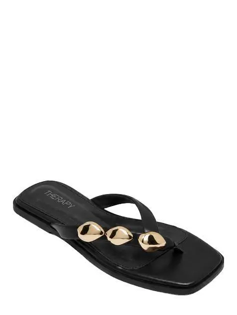 THERAPY AUSTRALIA Guise Square Toe Thong Sandal With Gold Embellishments - Black Smooth Pu