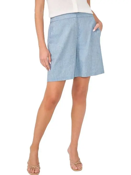 Halogen Chambray Pintuck Cotton & Linen Blend Shorts - Medium Chambray