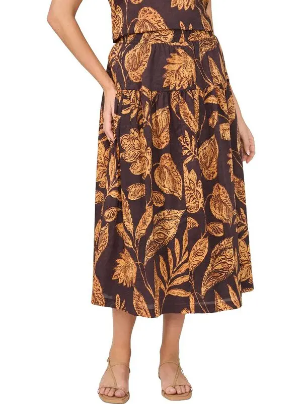 Halogen Tiered Printed Cotton Midi Skirt - Rum Raisin