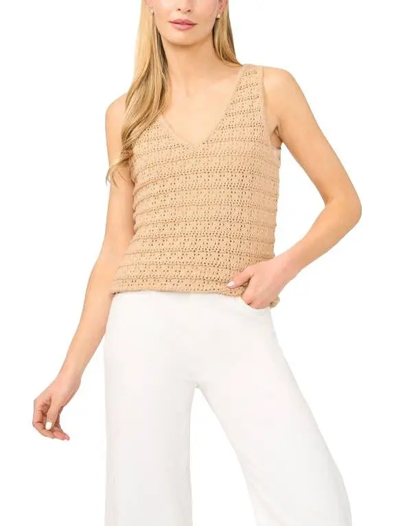 Halogen Openwork Sleeveless V-neck Sweater - Sesame