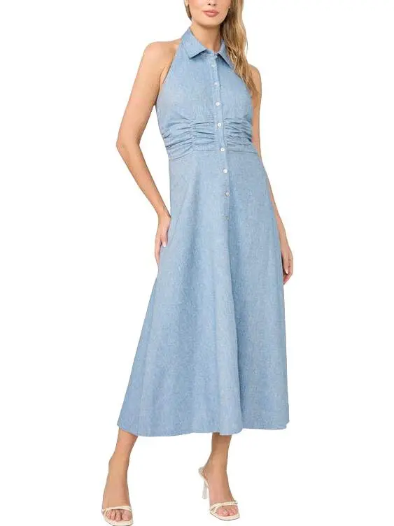Halogen Button-up Cotton & Linen Blend Halter Shirtdress - Medium Chambray