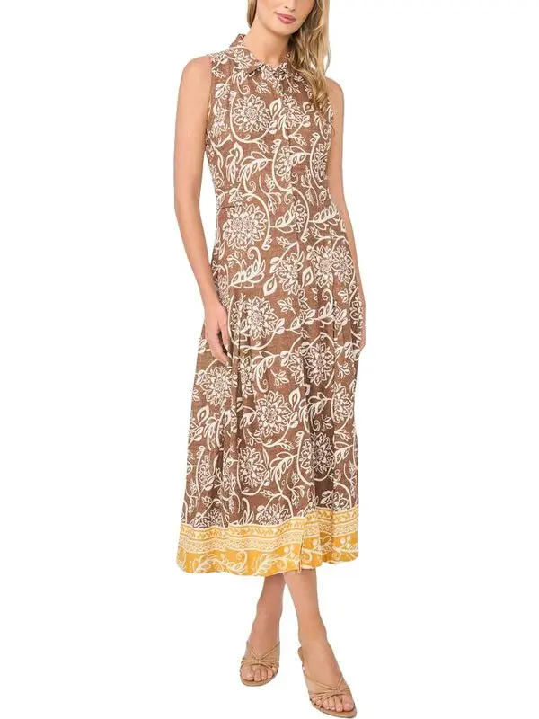 Halogen Sleeveless Floral Print Linen-blend Shirt Dress - Cafe