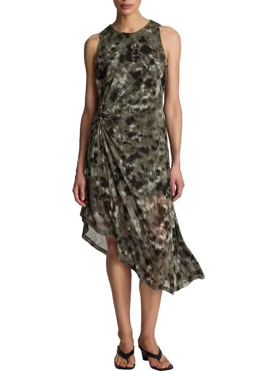 KENNETH COLE Sleeveless Asymmetrical Print Midi Dress - Turtle Green Multi