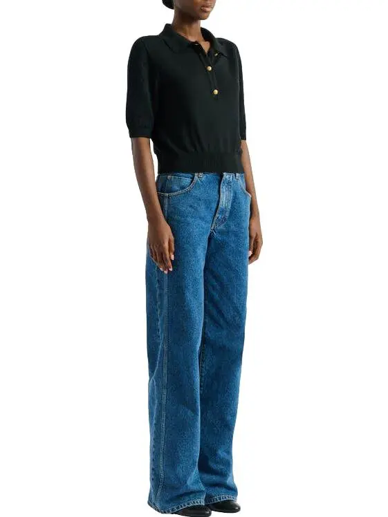 Balmain Knitted Cropped Polo - Black