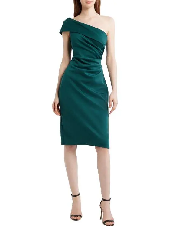 Eliza J One-shoulder Ruched Satin Cocktail Dress - Pine
