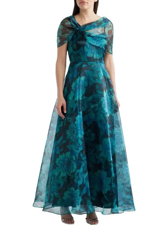 Eliza J Floral Shoulder Overlay Ballgown - Teal
