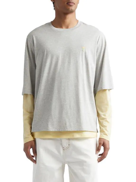 AMI Paris De Coeur Embroidered Layered Long Sleeve Cotton T-shirt - Gris Chine Clair/jaune