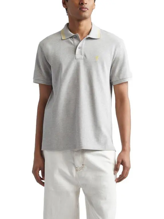 AMI Paris De Coeur Embroidered Cotton Piqué Polo - Gris Chine Clair/jaune