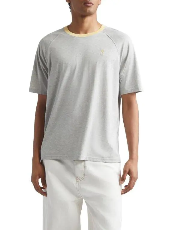 AMI Paris De Coeur Embroidered Cotton Ringer T-shirt - Gris Chine Clair/jaune