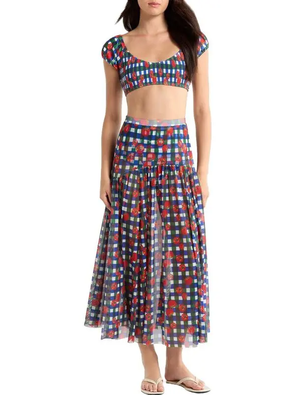 HUTCH Maeden Floral Cover-up Midi Skirt - Gingham Tomatoes Blue/green