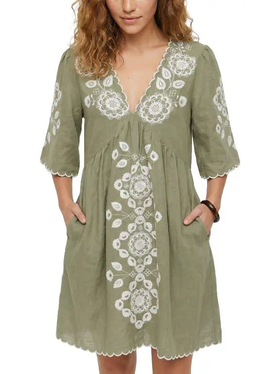 RAFFYA Arabella Embroidered V-neck Mini Dress - Sage Green