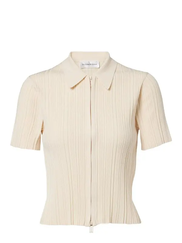 Victoria Beckham Ribbed Knit Zip-up Top - White