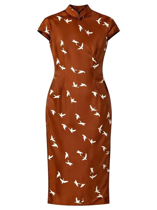 SILKINC Swan Goose Print Backless Cheongsam Dress - Red