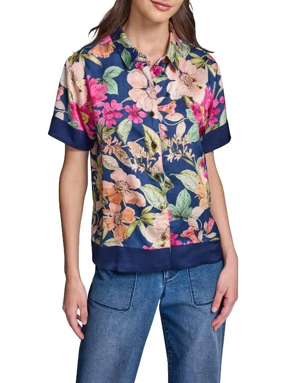 Karl Lagerfeld Paris Floral Short Sleeve Shirt - Currant/light Blush Multi